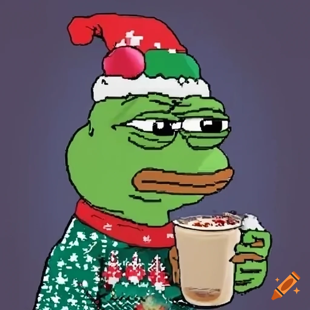 Pepe the frog in christmas sweater drinking eggnog on Craiyon