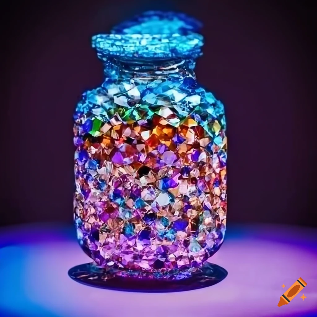Colorful jar filled with shiny gemstone crystals