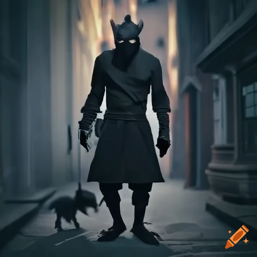Image of a ninja with a wooden wolf mask in an alley