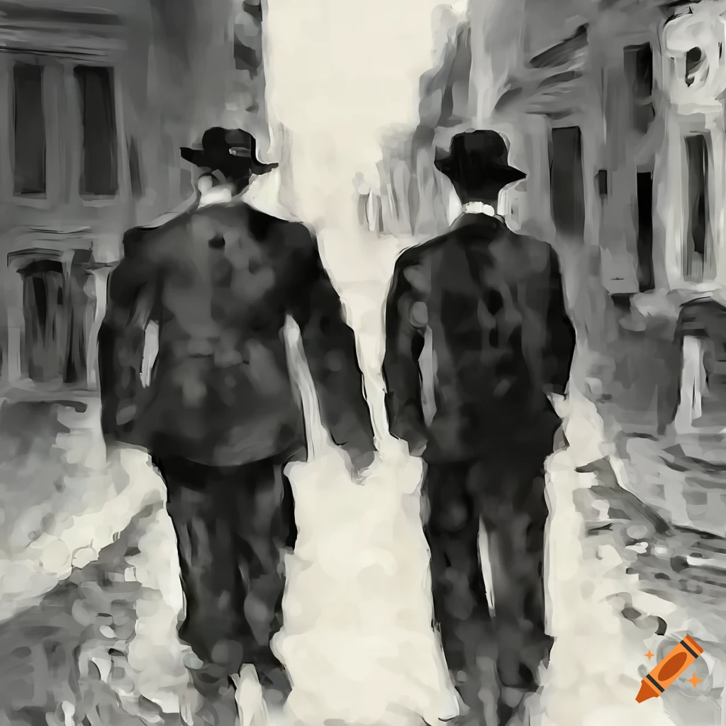 Vintage photograph of two men walking in opposite directions
