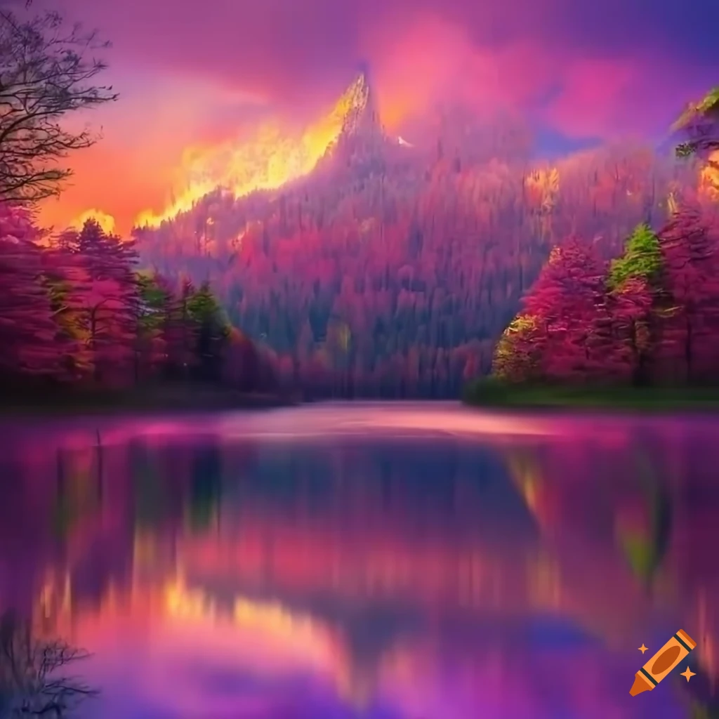 Sunset over a cherry blossom forest and lake