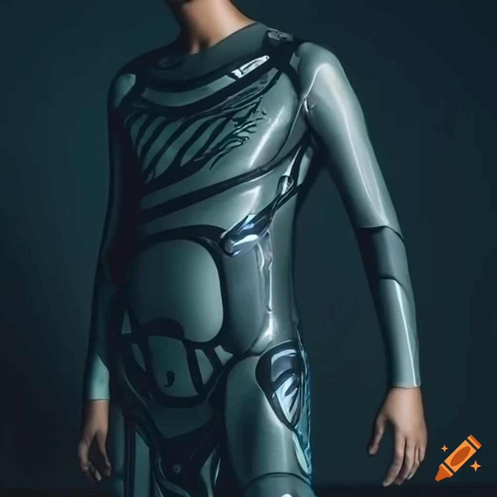 Asian boy in futuristic biomechanic wetsuit