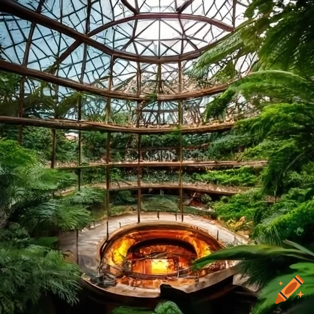 Impressive atrium with greenery and lava-filled hole on Craiyon