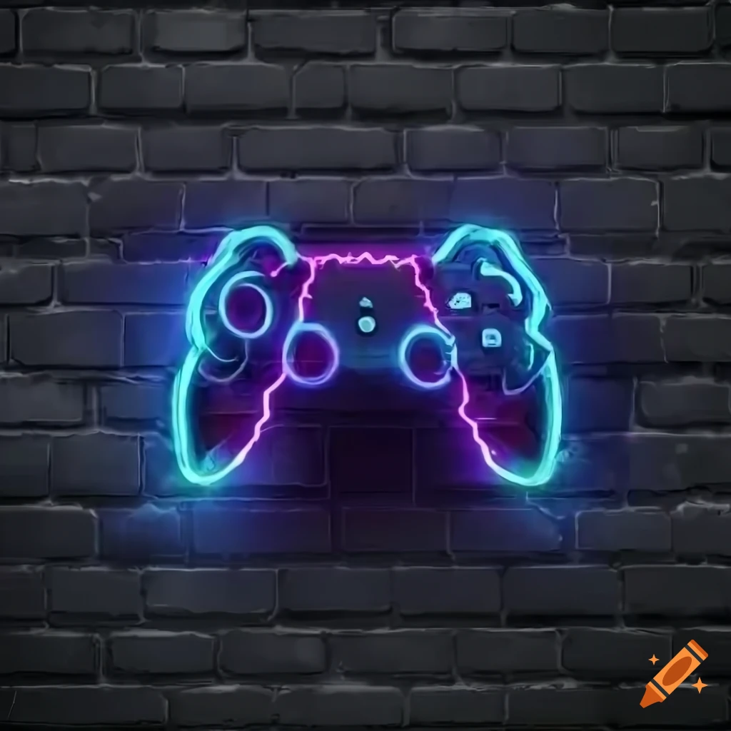 Neon cyberpunk gaming logo on dark brick wall