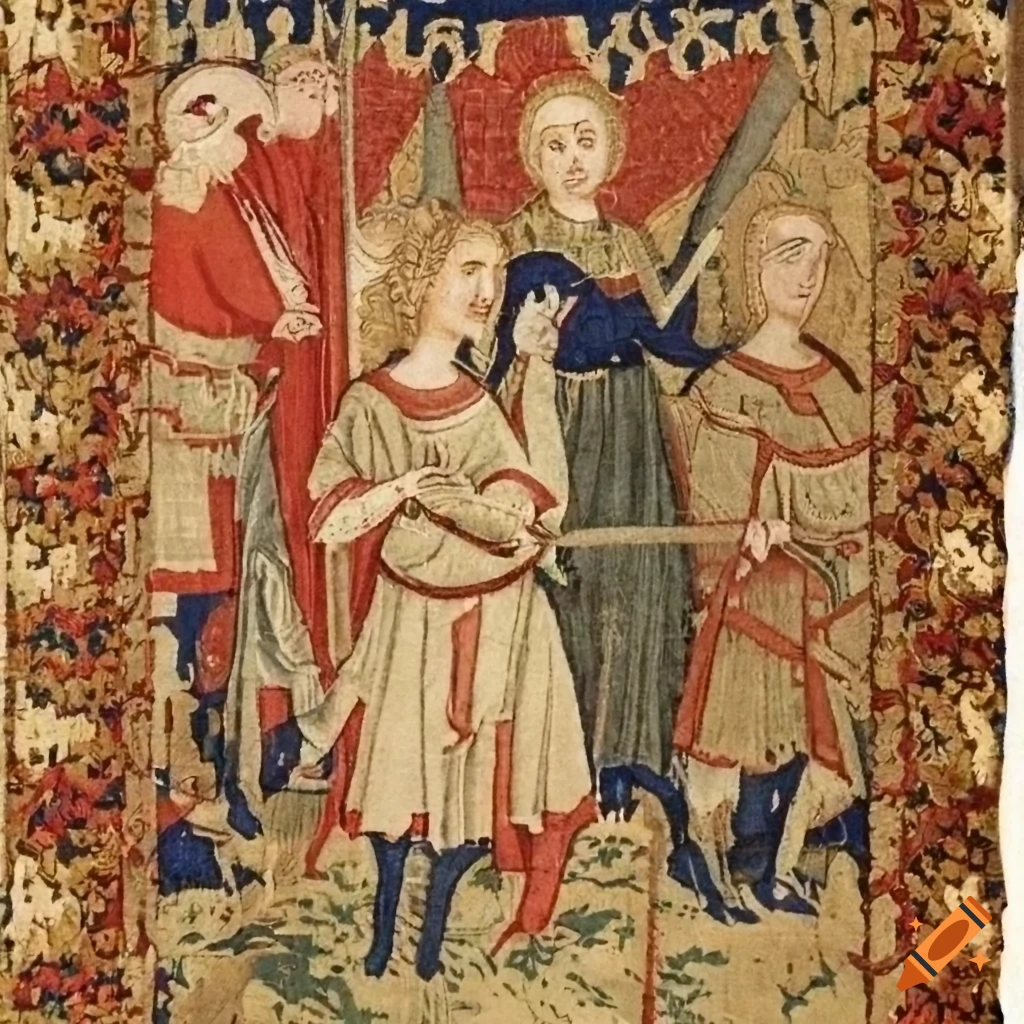 Medieval tapestry depicting joan of arc on a battlefield