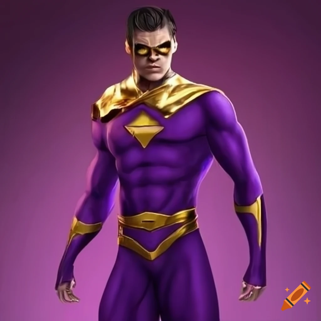 Illustration of a male superhero in purple and gold on Craiyon