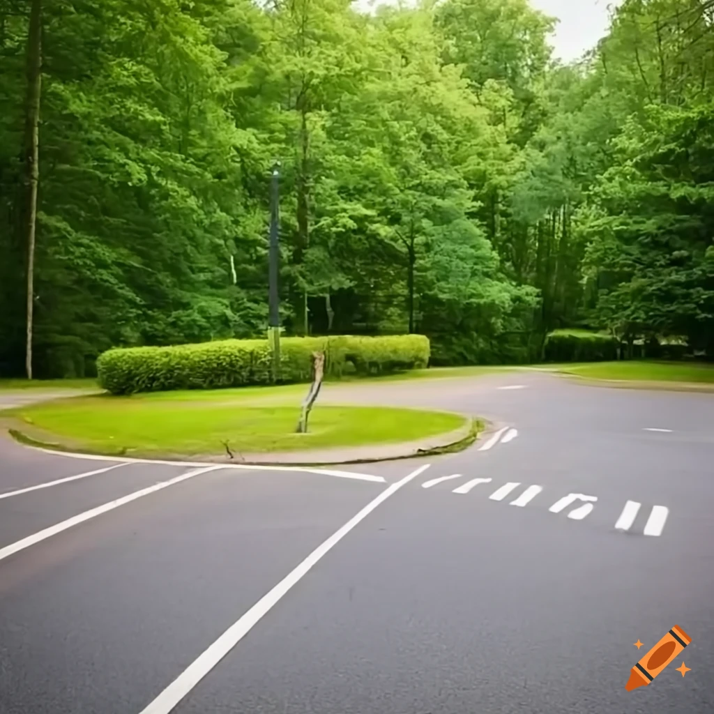 Forest roundabout with a school in the background