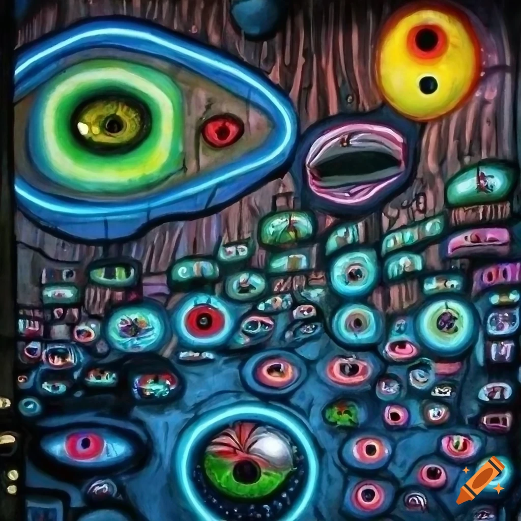 Dystopian neon street art with hundreds of eyes on Craiyon