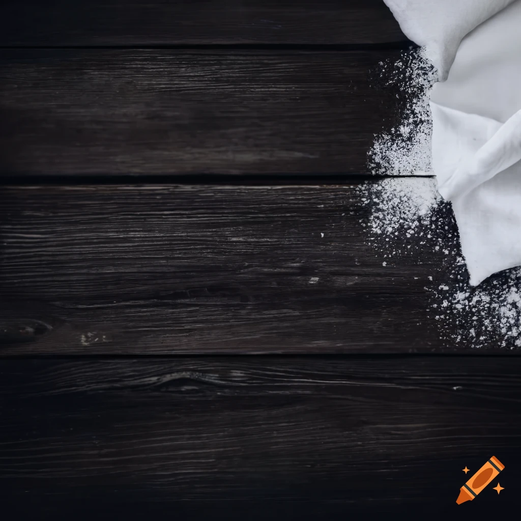 Rustic black wooden table with flour powder and white cloth on Craiyon