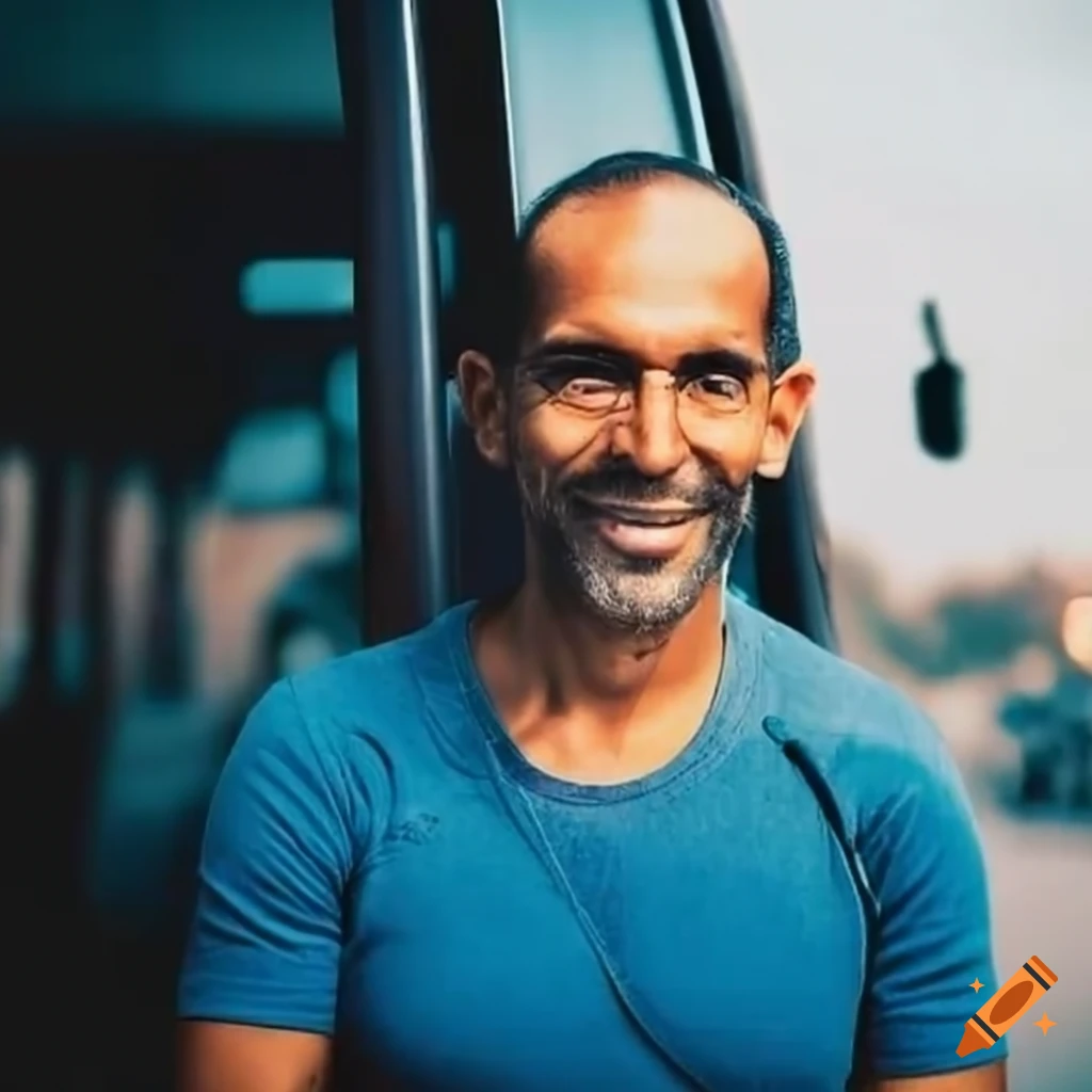 Smiling israeli male bus driver in front of bus door