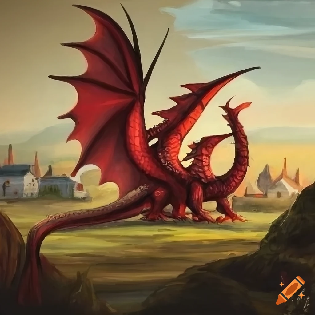 Red dragon near a village in a fantasy landscape