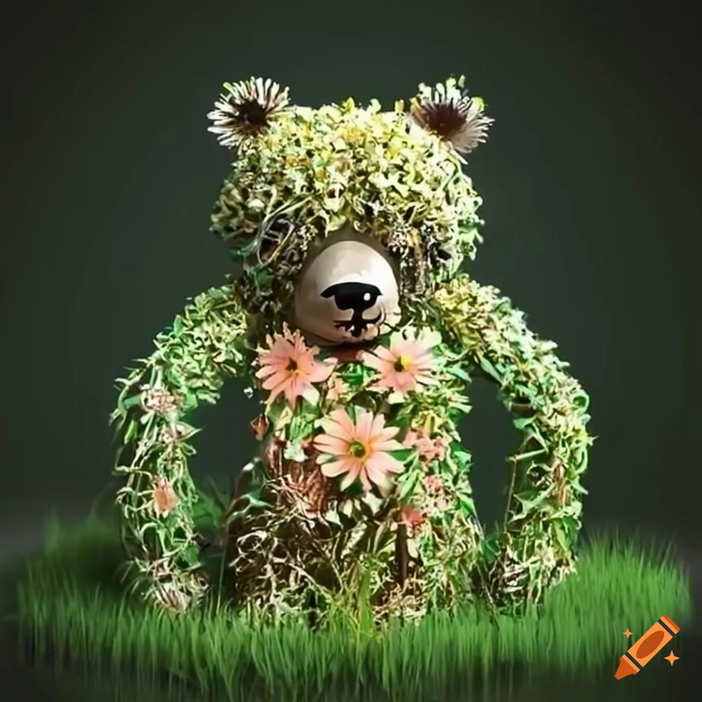 Floral sculpture of a bear made of flowers and grass