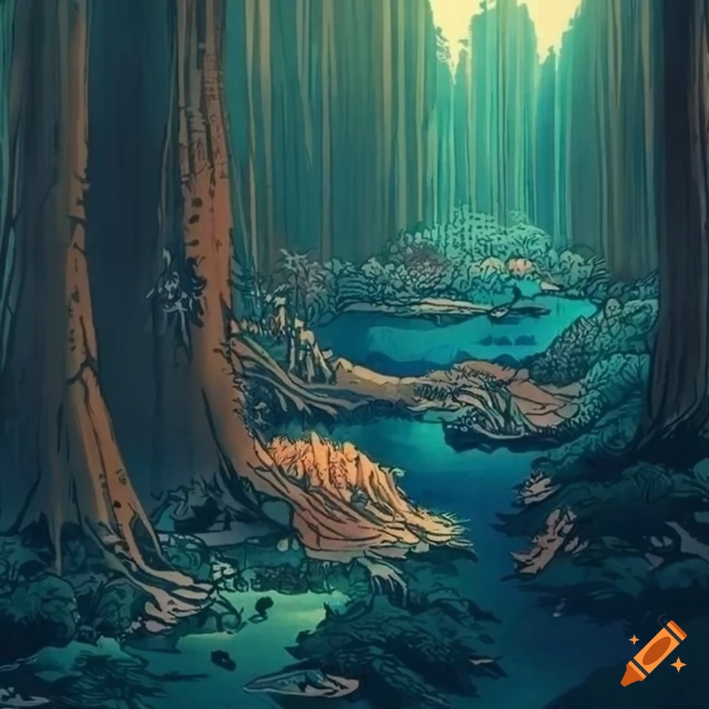 Ukiyo-e style artwork of a windy forest on Craiyon