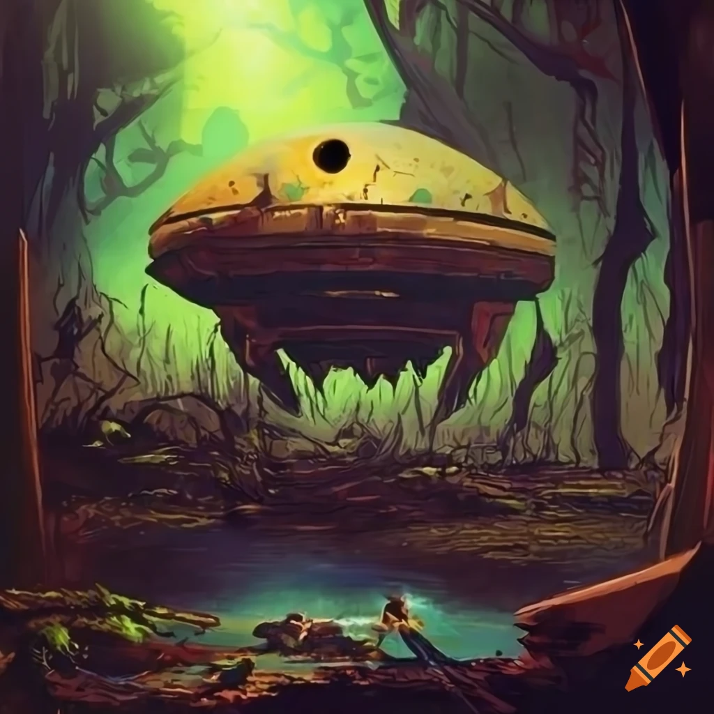 Retro sci-fi art of a crashed spaceship in a swamp on Craiyon
