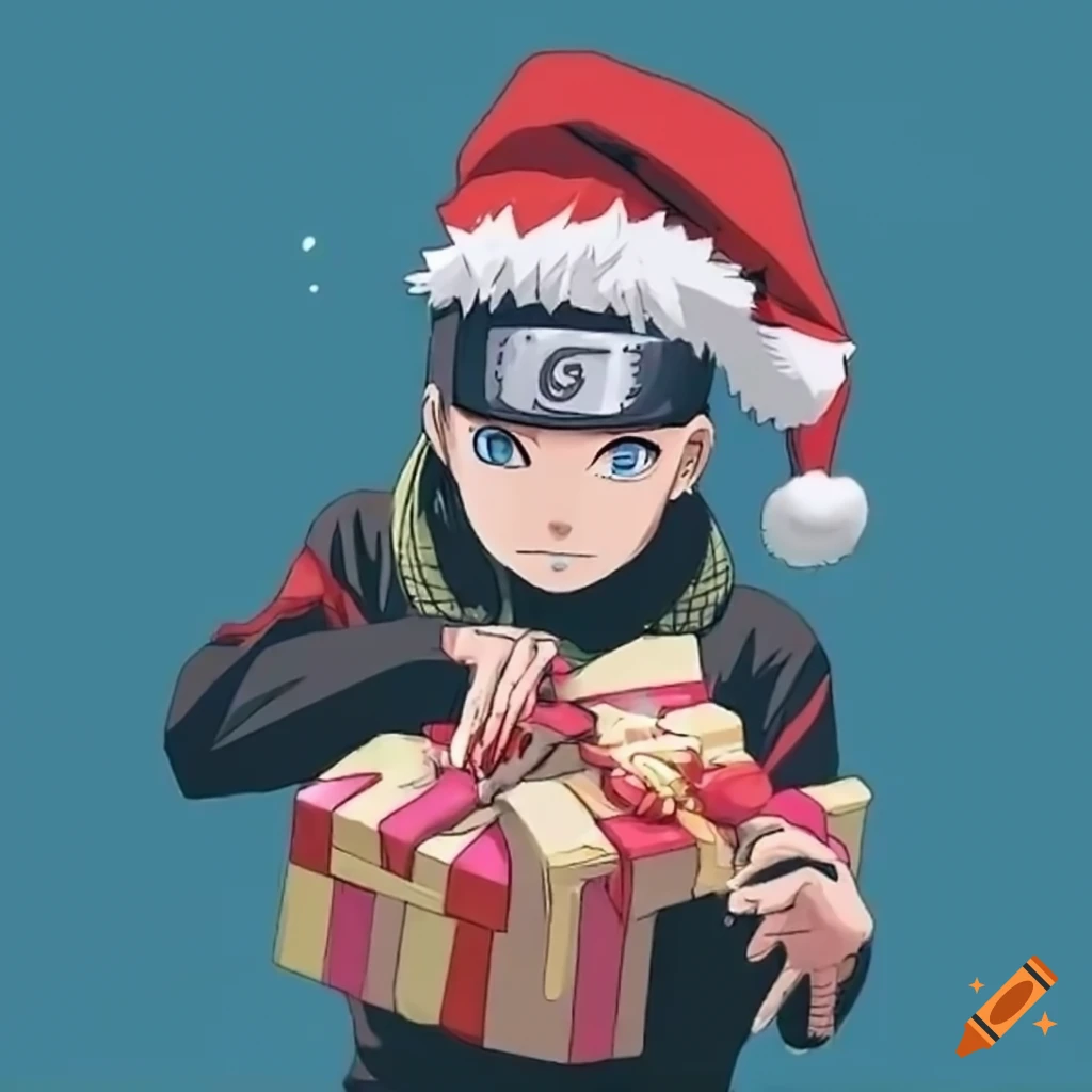 Naruto wearing santa hat with a gift