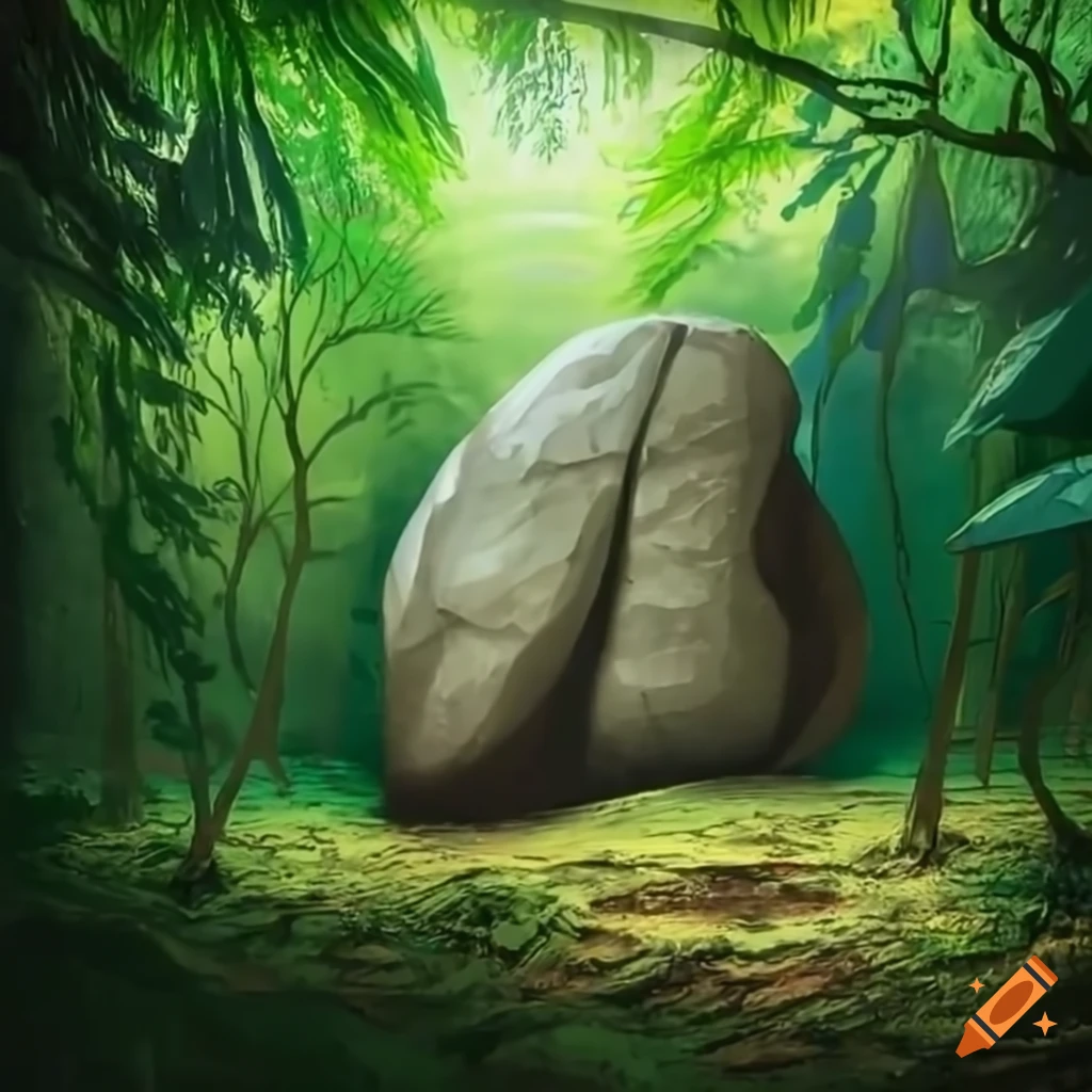 Sunny rainforest with a giant silver rock