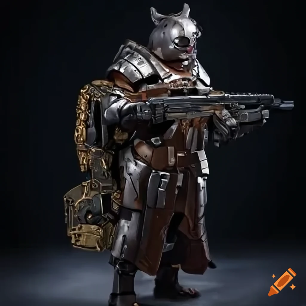 Mechanical suit hippo wielding a gun on Craiyon