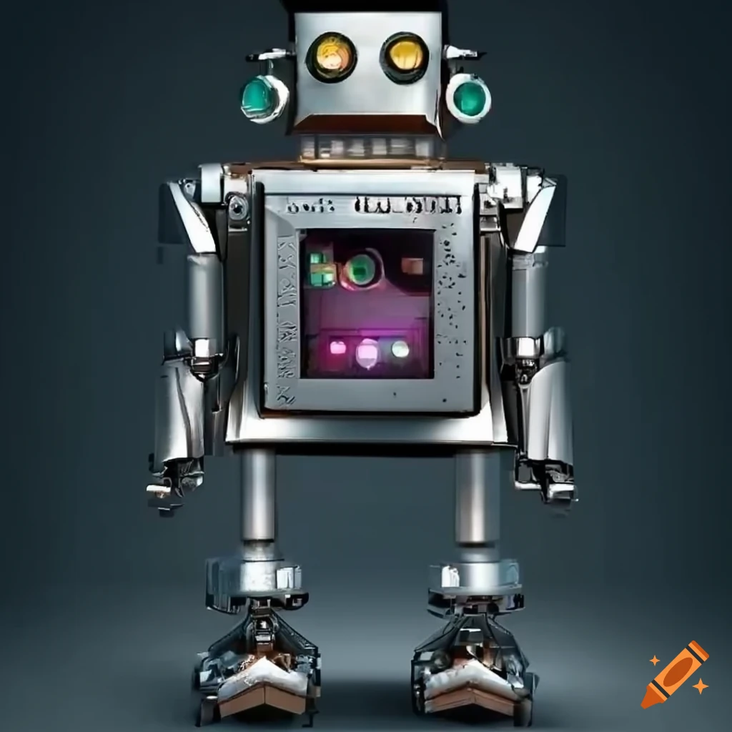 Metallic silver box robot with cube shapes