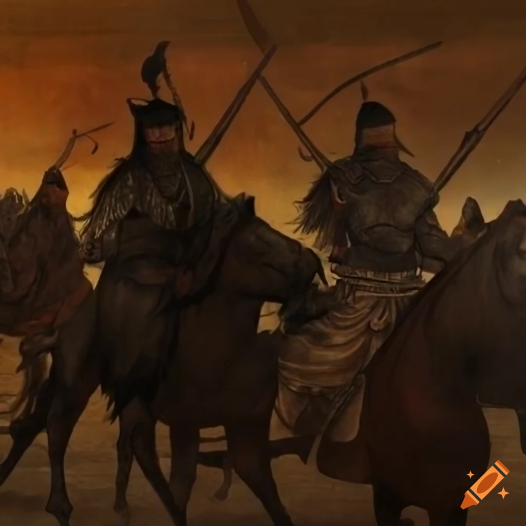 16:9 picture of mongol-jin war with warriors on horses on Craiyon