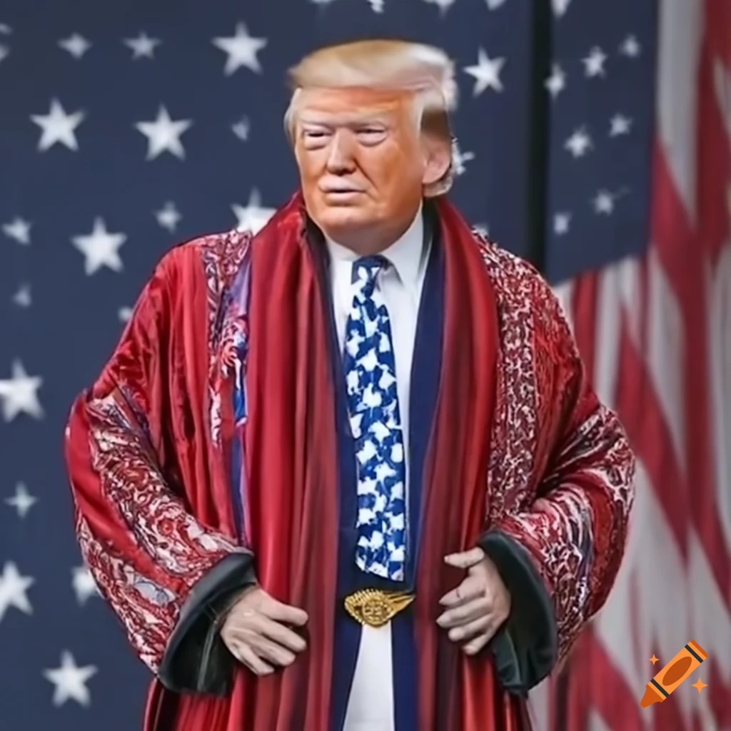 Satirical image of donald trump in a flag-patterned wizard robe
