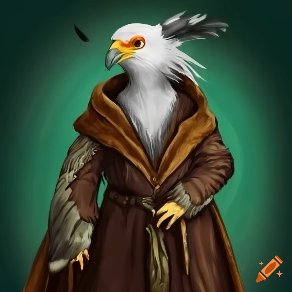 Anthropomorphic secretary bird in fantasy attire