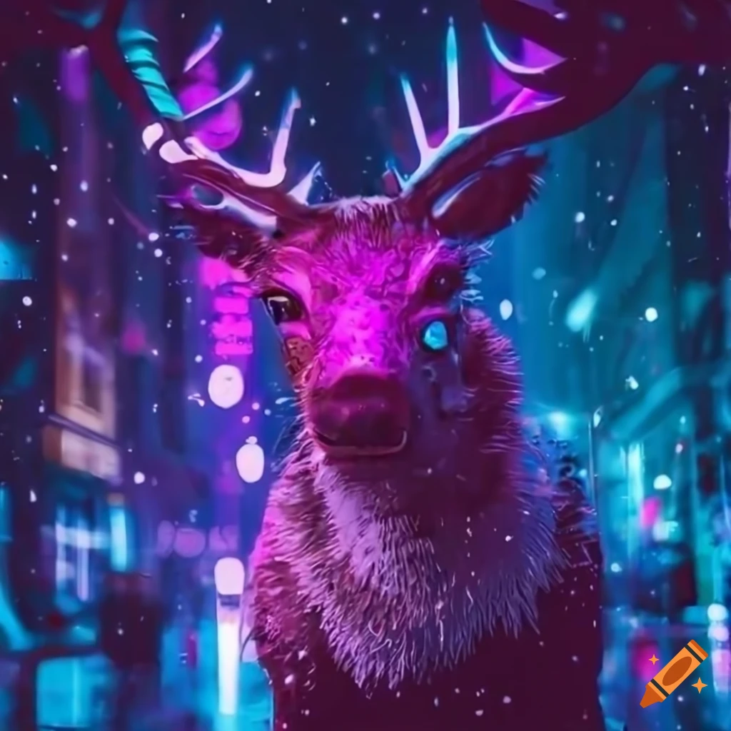 Closeup of a reindeer face in a cyberpunk snowfall on Craiyon