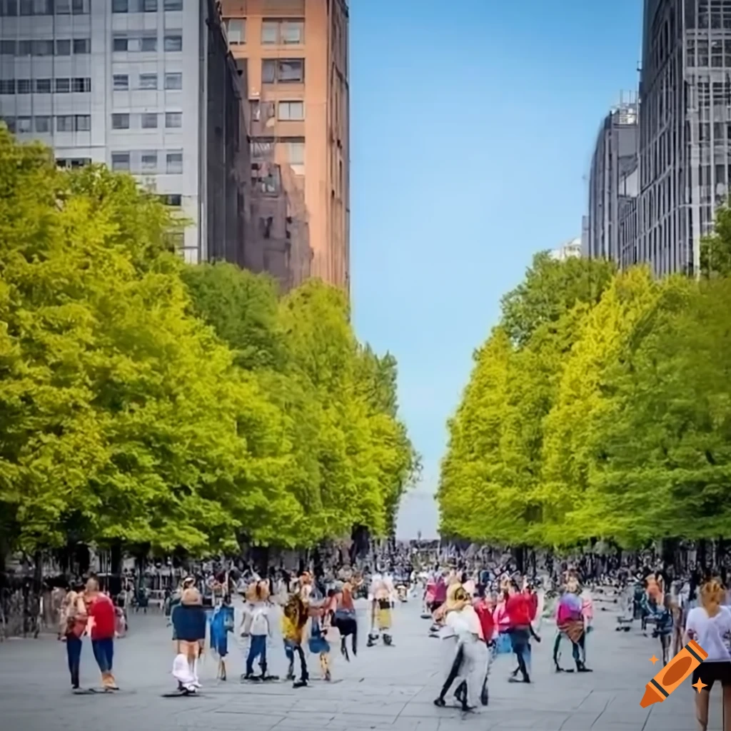 People walking in a city square with trees