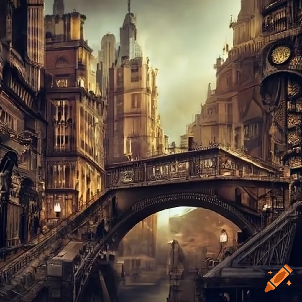 Steampunk cityscape with a giant bridge