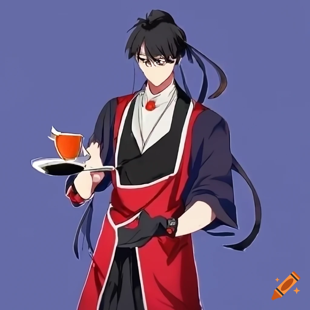 Anime character in black changshan and red apron with frying pan on Craiyon