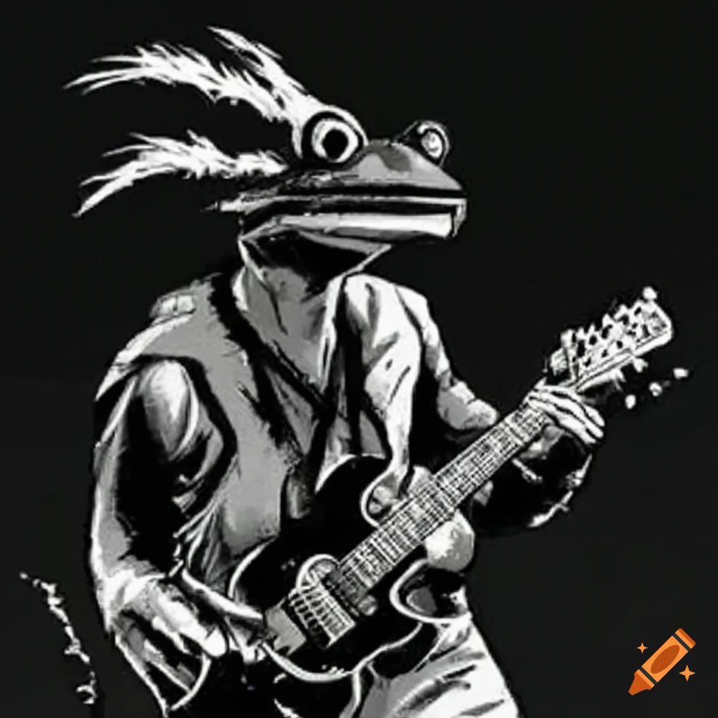 Funny frog playing guitar in a heavy metal band