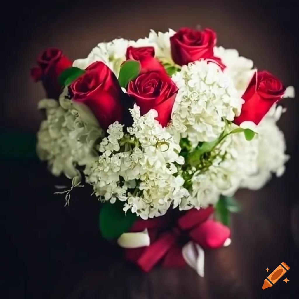 Bouquet of white lilacs and red roses