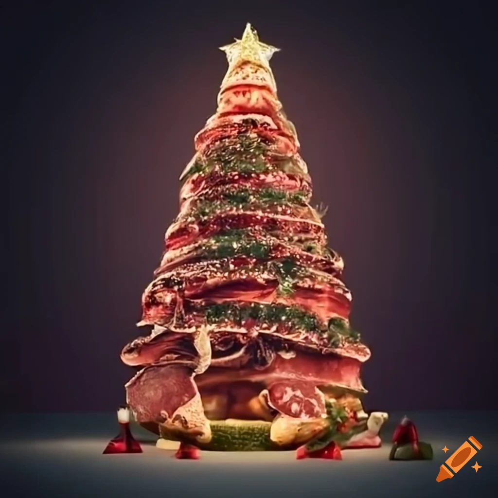 Festive Christmas tree with a unique meat decoration on Craiyon