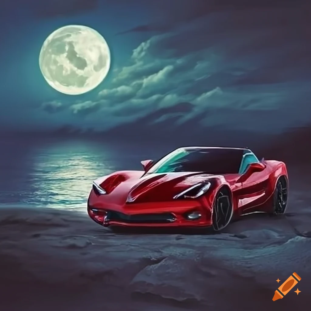 Red corvette under the moonlight