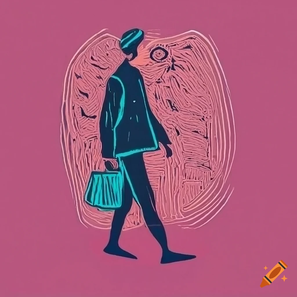 Linocut style of a man searching while walking