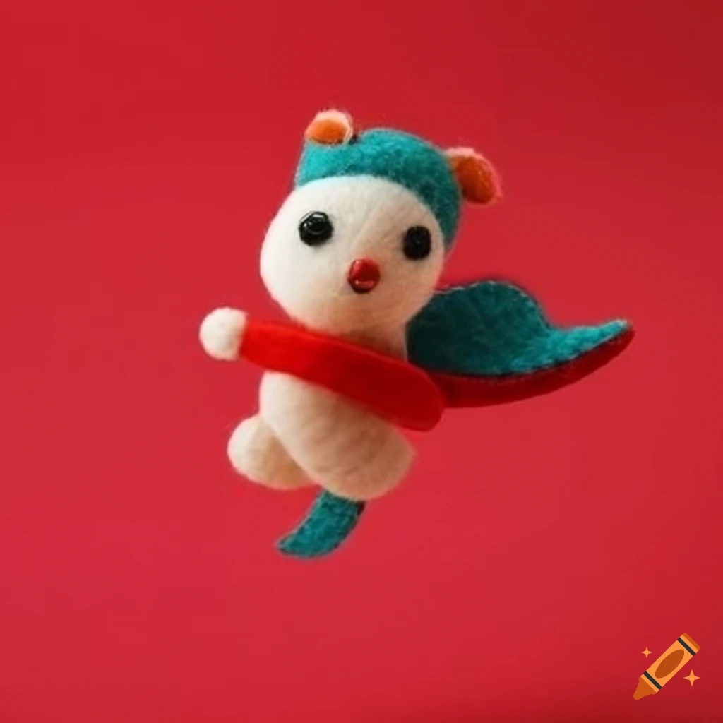 Felt toy squirrel flying a red airplane