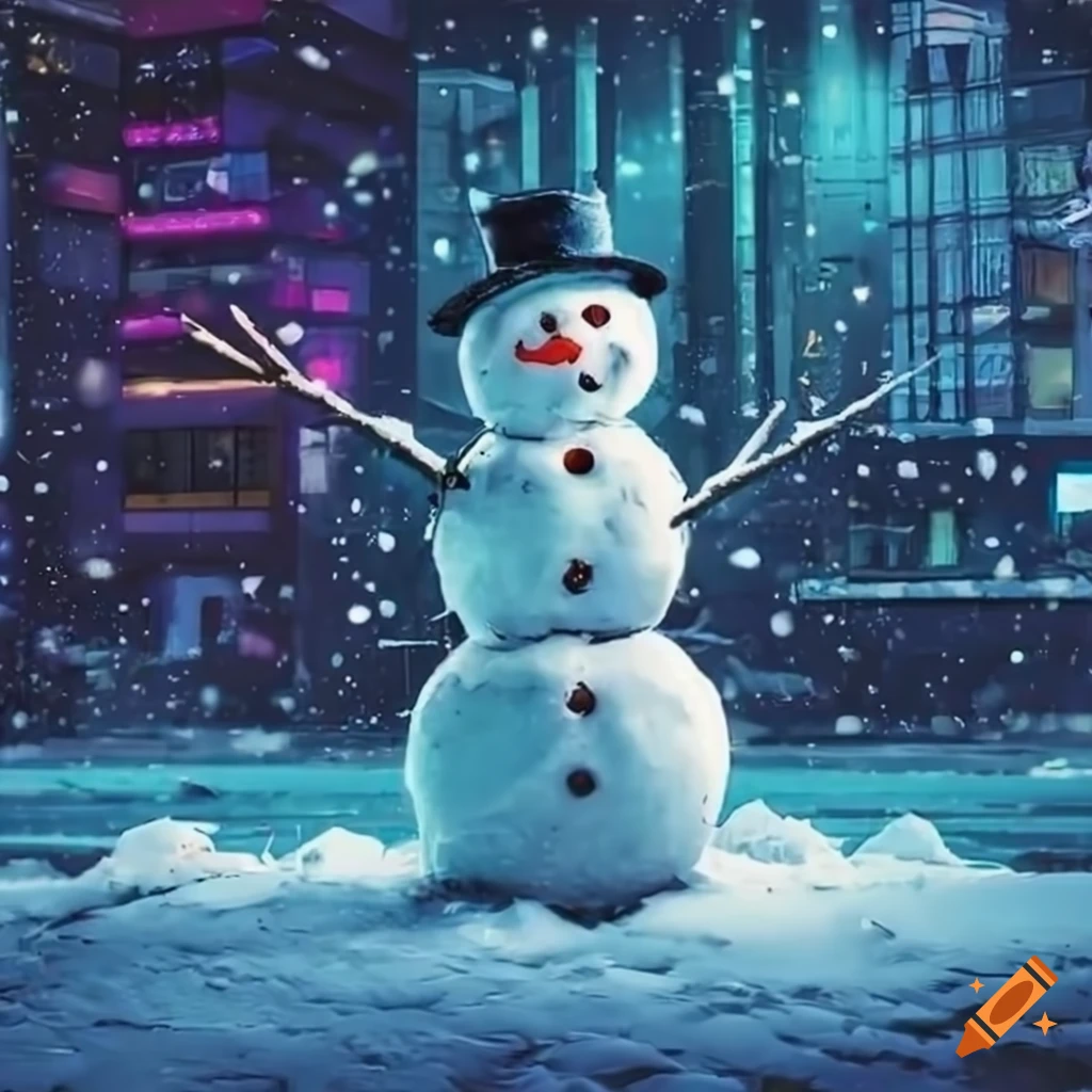 Cyberpunk snowman in a snowy neon city street