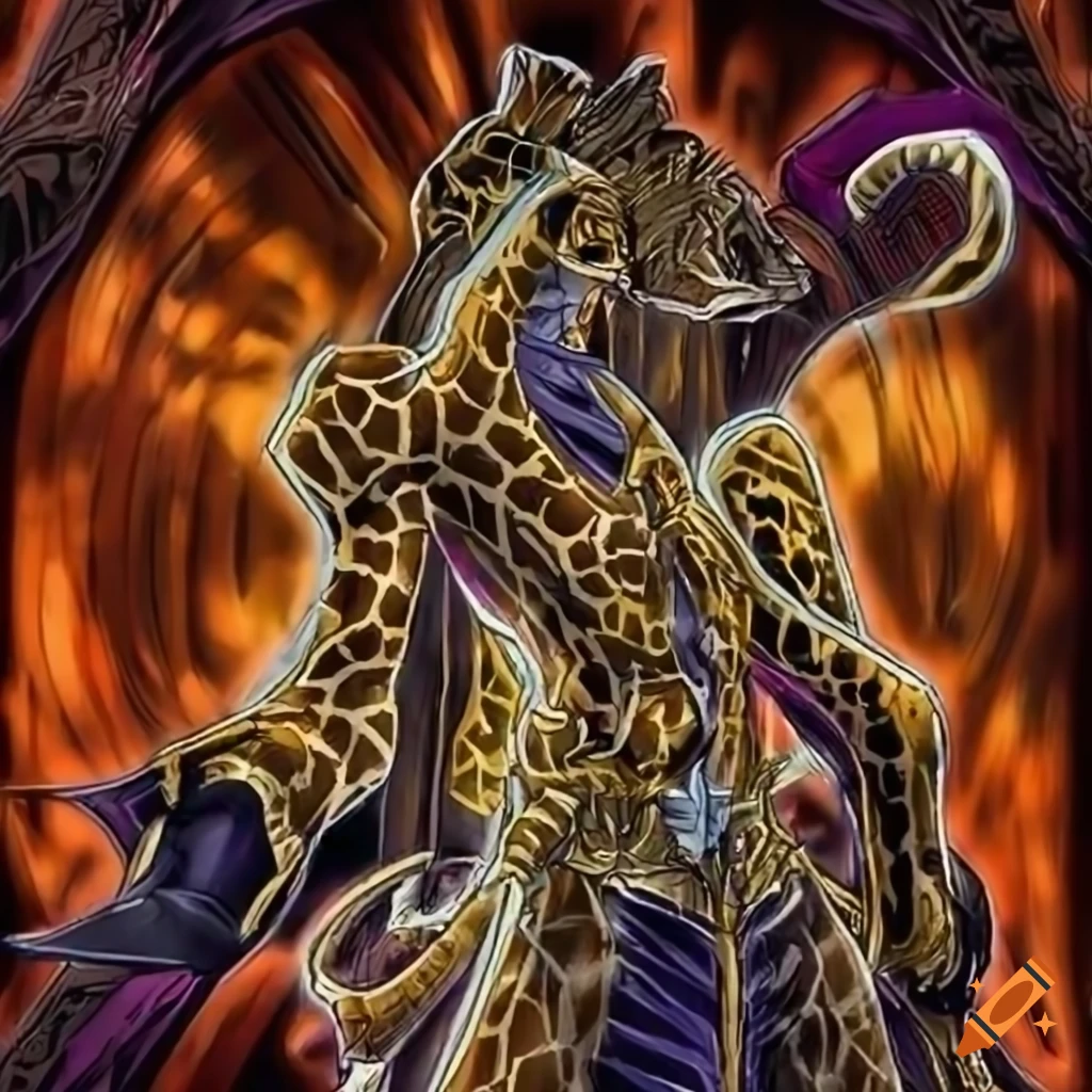 Yu-gi-oh style artwork of a giraffe god