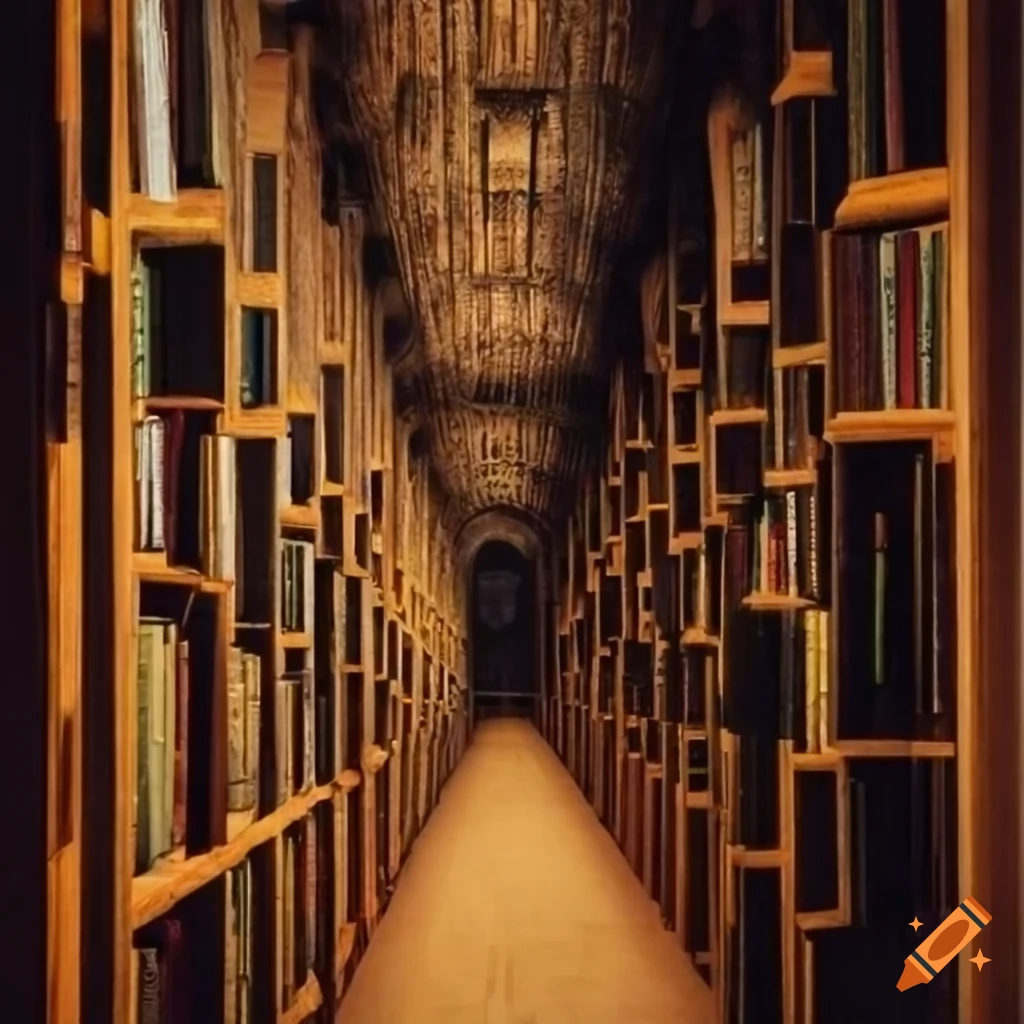 Concept art of a bookshelf labyrinth