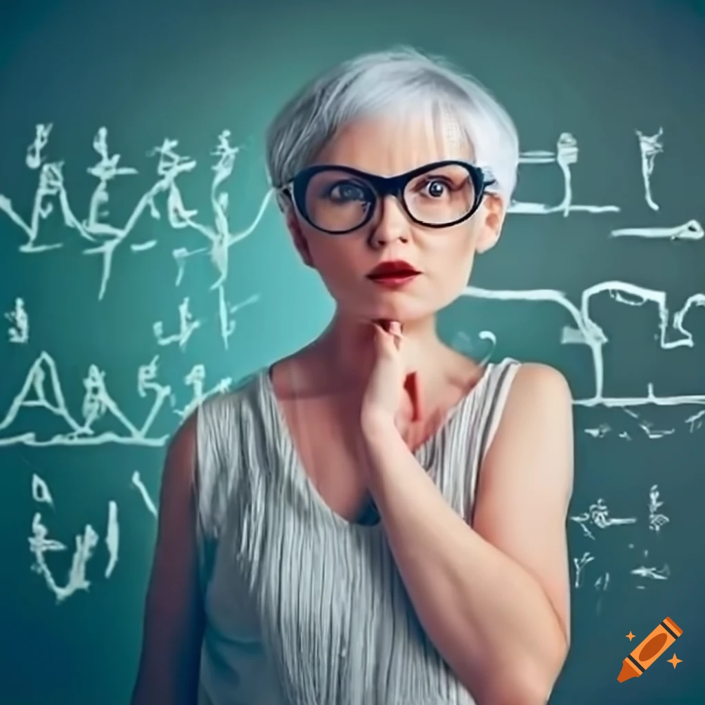 Image of a white-haired woman math teacher with glasses on Craiyon