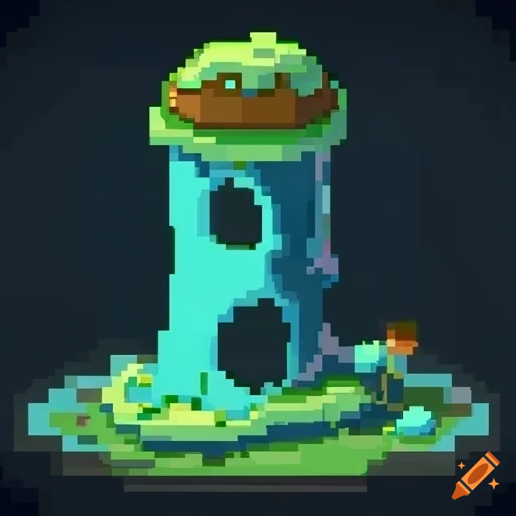 Pixel art view of a slime-covered tower on Craiyon