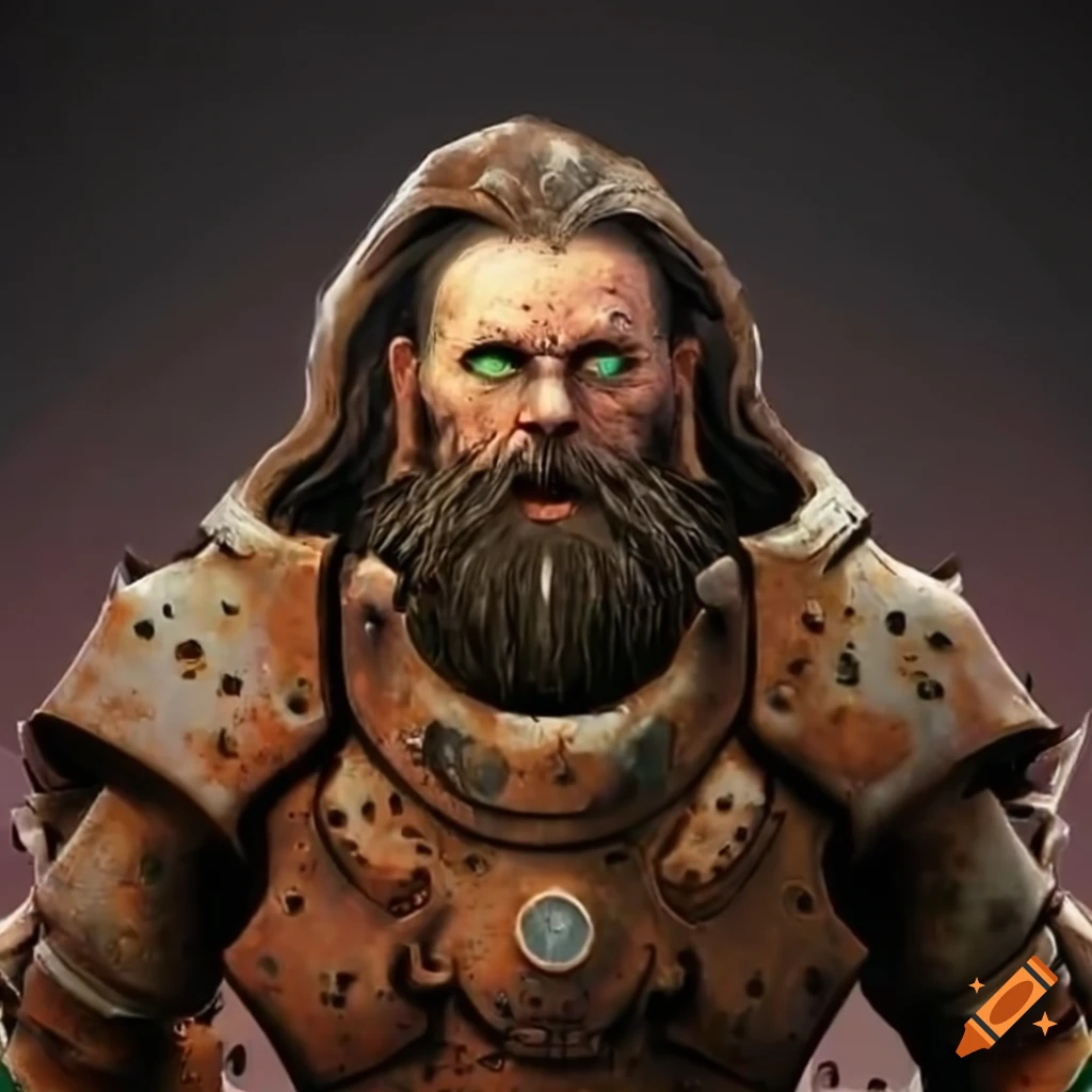 Illustration of a bearded wizard in rusty power armor