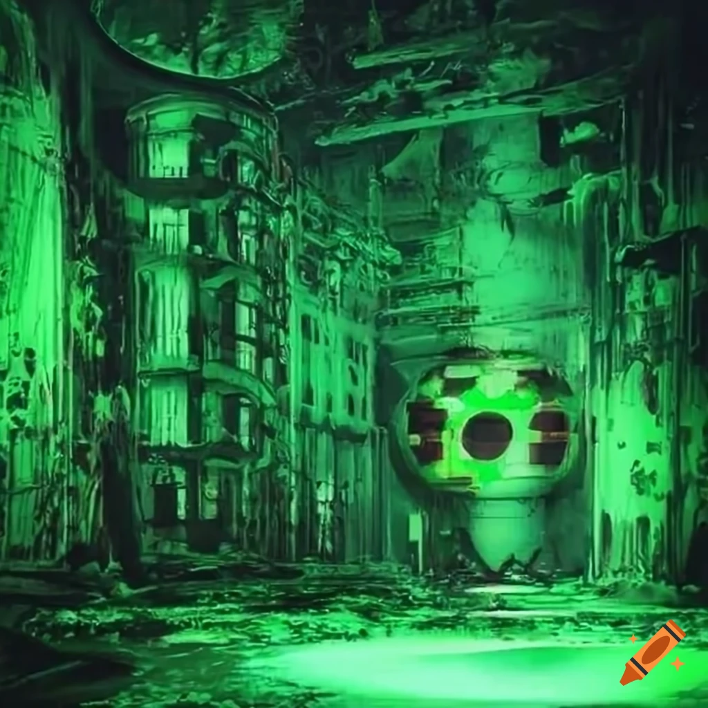 Anime illustration of glowing green nuclear liquid inside a power plant