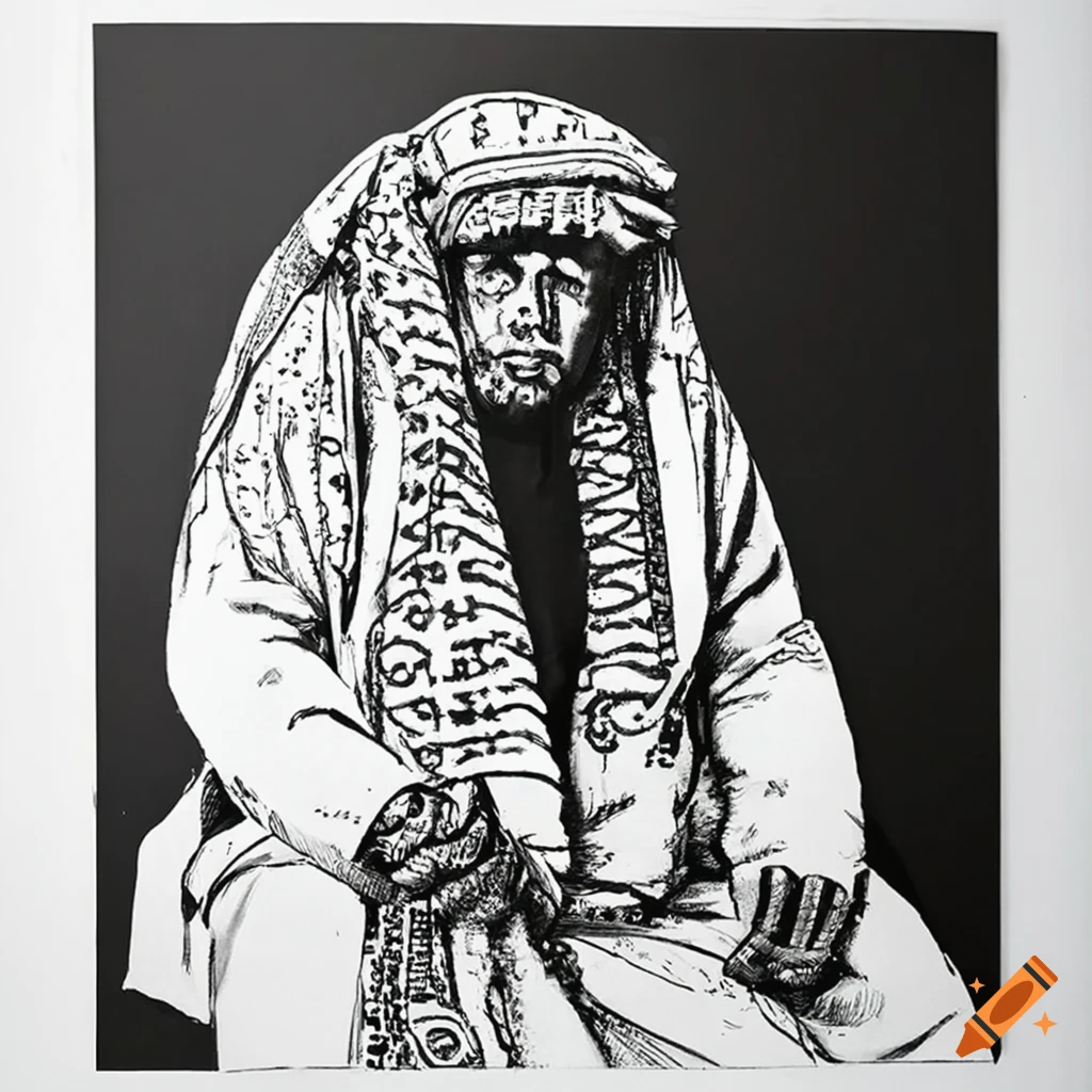 Black and white depiction of syrian men in traditional clothing