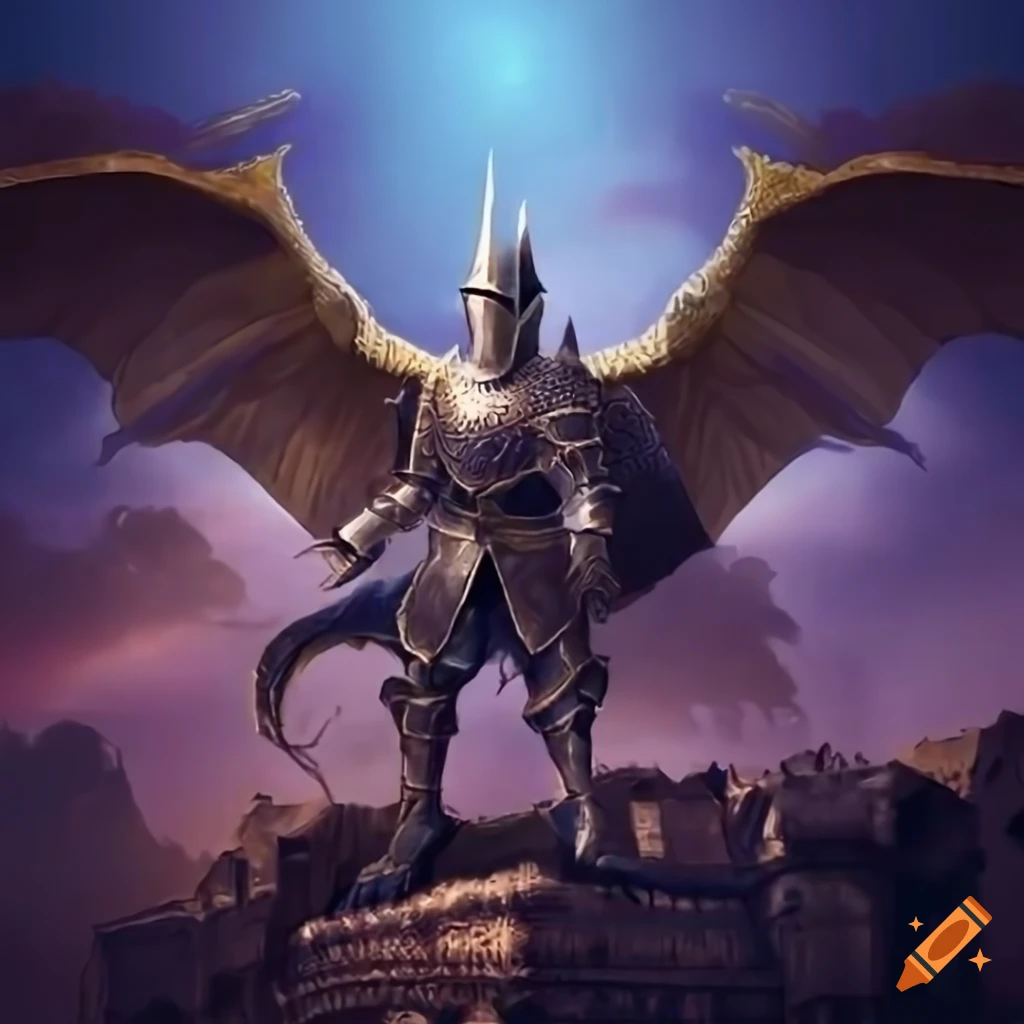 Illustration of a dragon knight flying over ruins with a sword