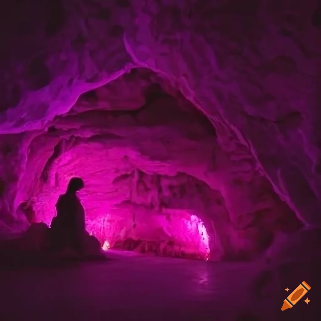 Pink illuminated cave with silhouette