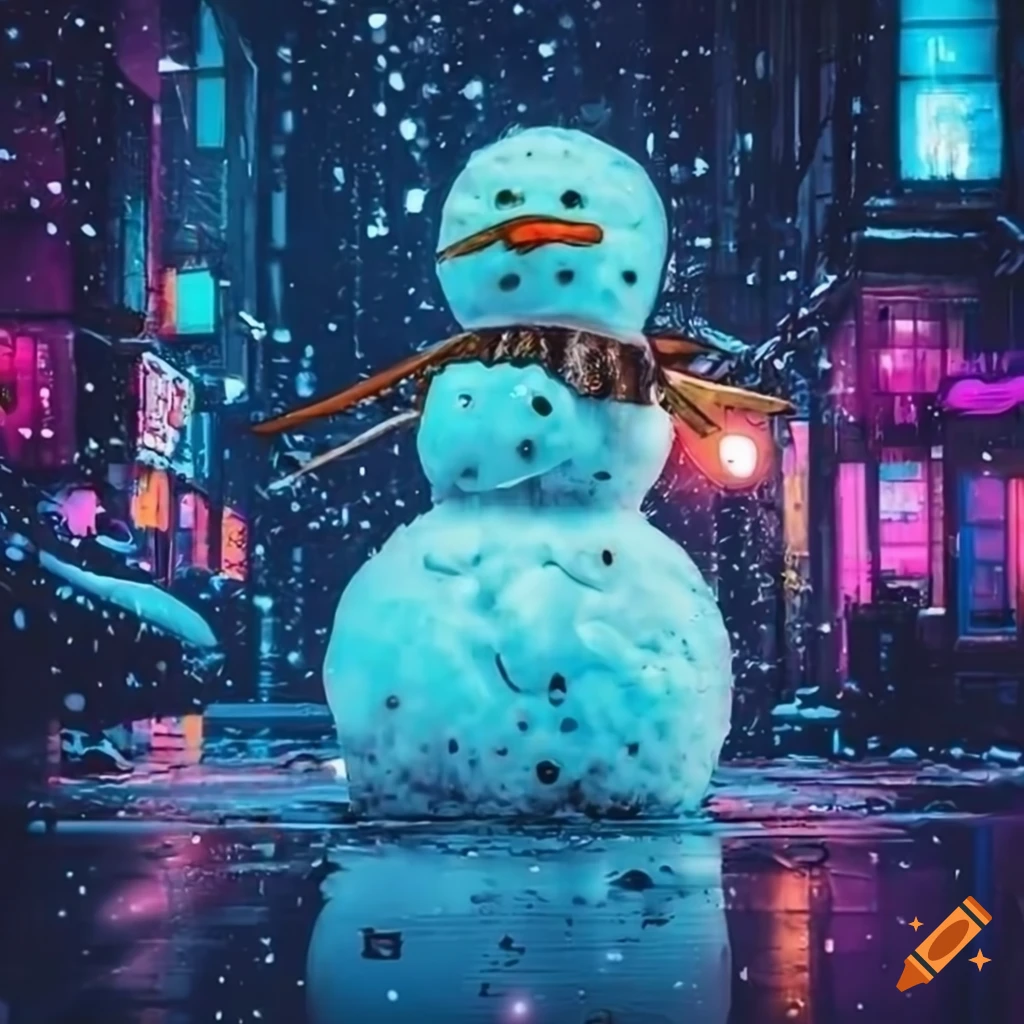 Cyberpunk snowman in a neon city during snowfall on Craiyon