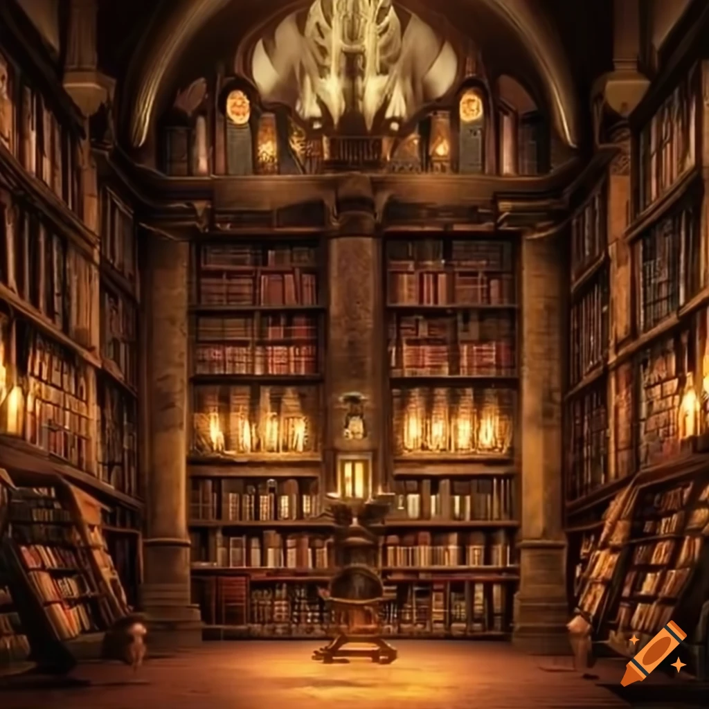 Photorealistic depiction of hogwarts library