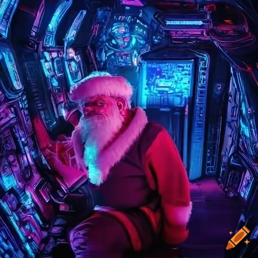 Cyberpunk santa claus in a neon spaceship control panel