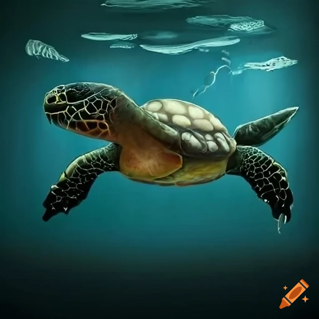 Drawing of a sea turtle in polluted waters
