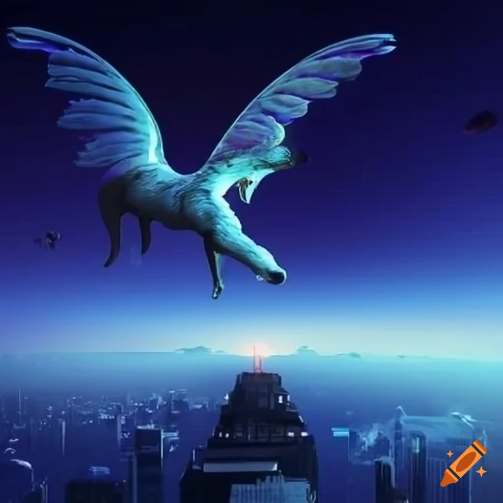 Futuristic city with a winged dog flying
